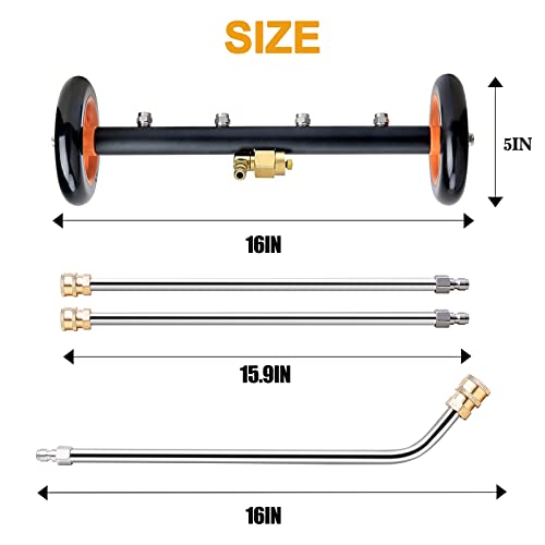 EVEAGE 2-in-1 Pressure Washer Undercarriage Cleaner Water Broom, 16" Surface Cleaner Power Washer Attachment with 4 Nozzles 3 Extension Rods and QC Pivot Coupler Extra Wash Mitt, 4000 PSI