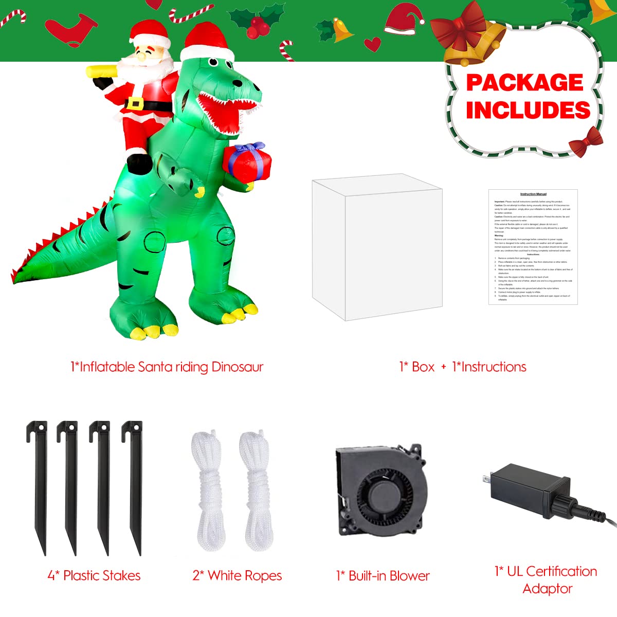 LEITAO 7FT Inflatable LED Santa Dinosaur Christmas Decoration - Giant Holiday Blow Up Decor for Indoor & Outdoor