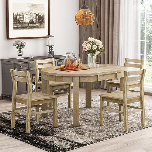 LCH 5 Piece Round 4 Wood Extendable Kitchen Set with Storage Drawers Farmhouse Dining Room Table and Chairs, 16" Removable Leaf, Natural