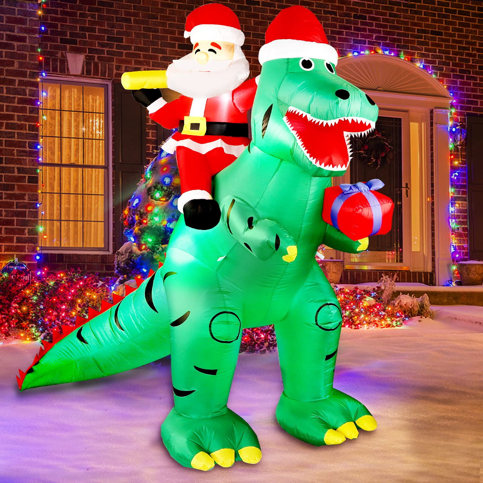 LEITAO 7FT Inflatable LED Santa Dinosaur Christmas Decoration - Giant Holiday Blow Up Decor for Indoor & Outdoor
