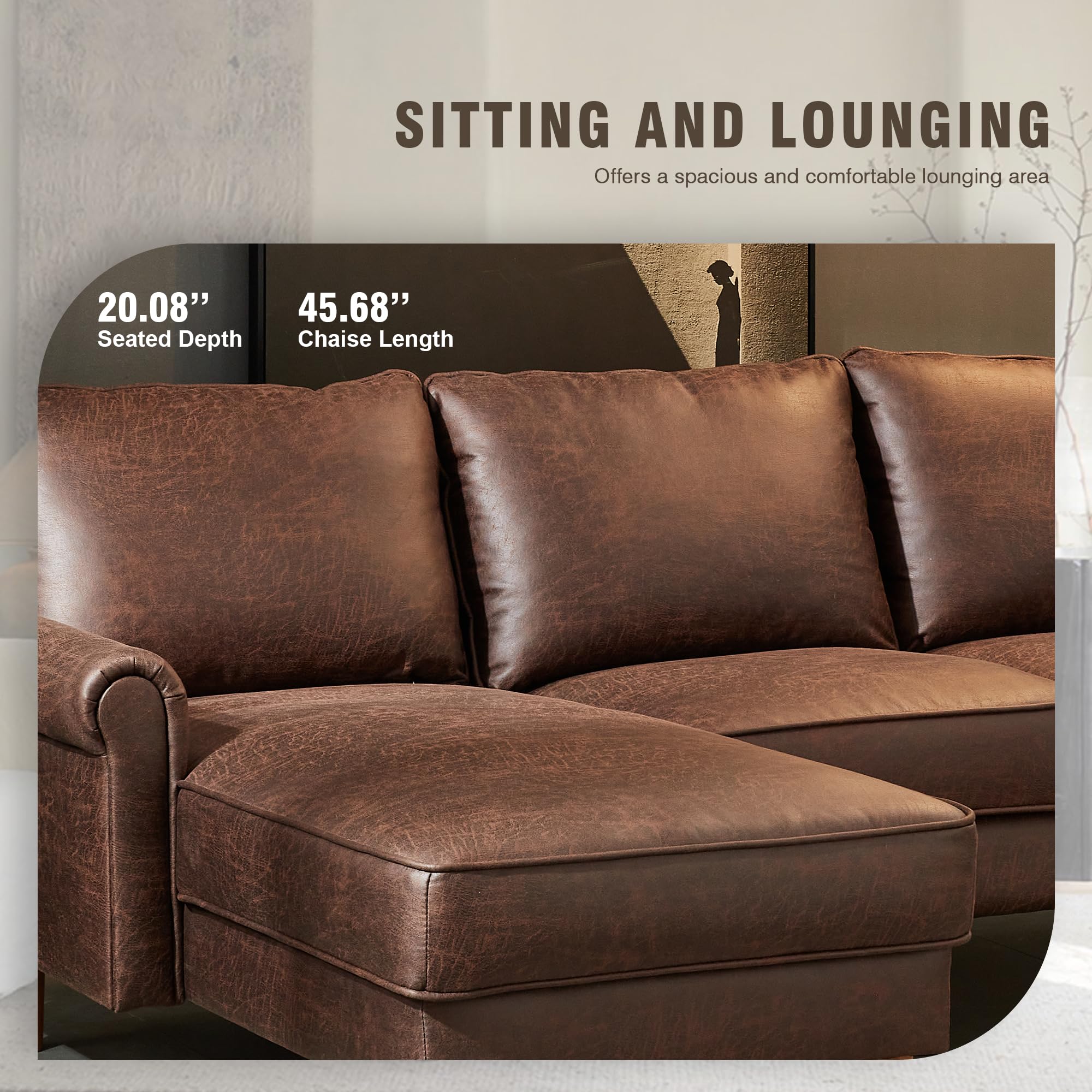 HOOOWOOO 81.51" L Shaped Couch Mid Century Modern Sectional Couch Brown Faux Leather Sofa with Left Chaise 3-Seater Rolled Arms Solid Wood Frame for Living Room Apartment,Chocolate Brown