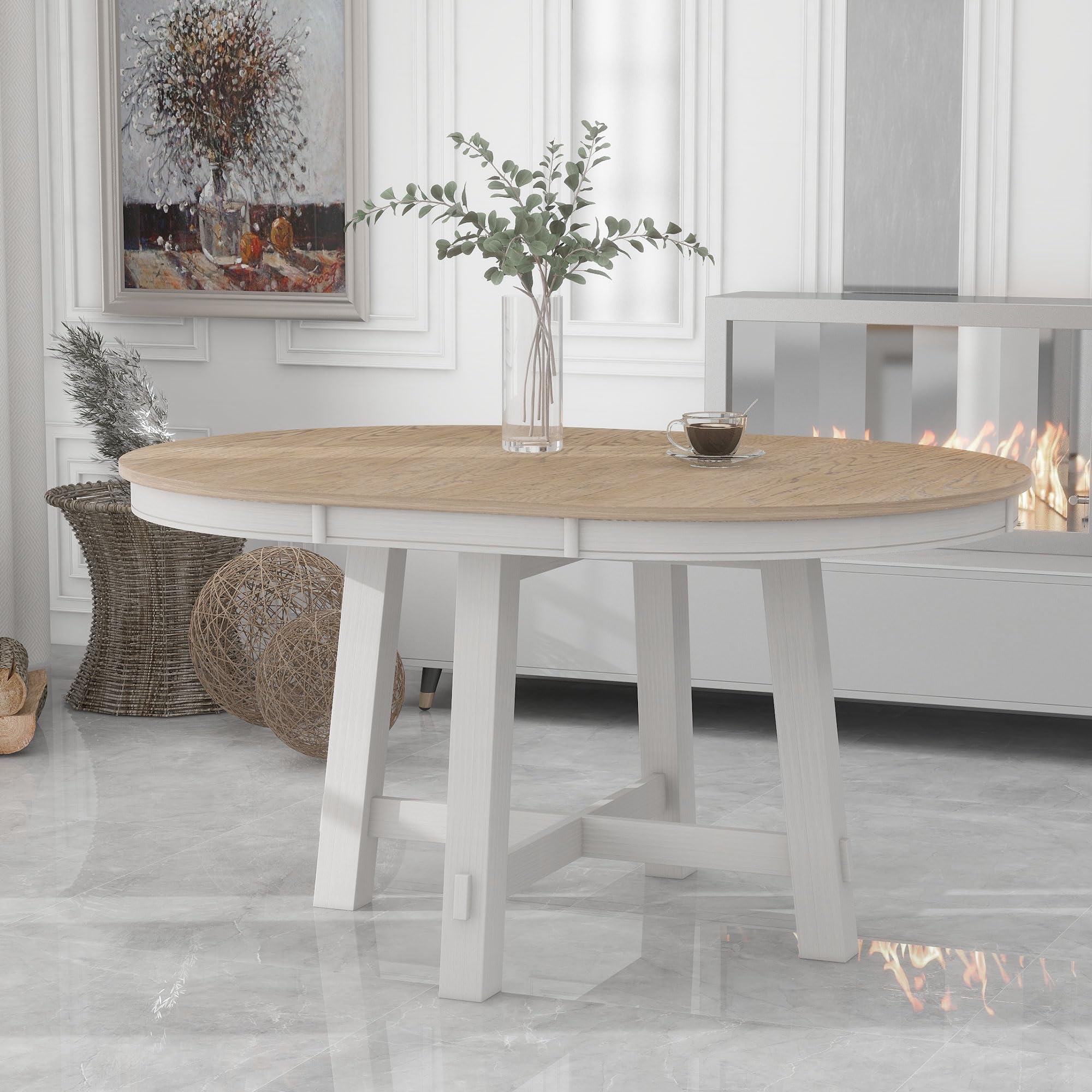 LCH, Farmhouse Round Extendable Dining 16" Leaf Kitchen Table (Oak Natural Wood and Antique White)