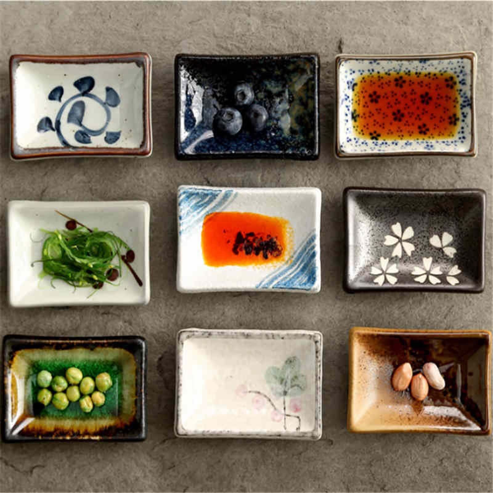 WAOCEO Appetizer Bowls 2 Pcs Ceramic Small Square Sauce Dish Japanese Style Sushi Dish Flavoring Sushi Mustard Plate Soy Sauce Blossom Pepper Tray Salad Bowls (Color : 4)