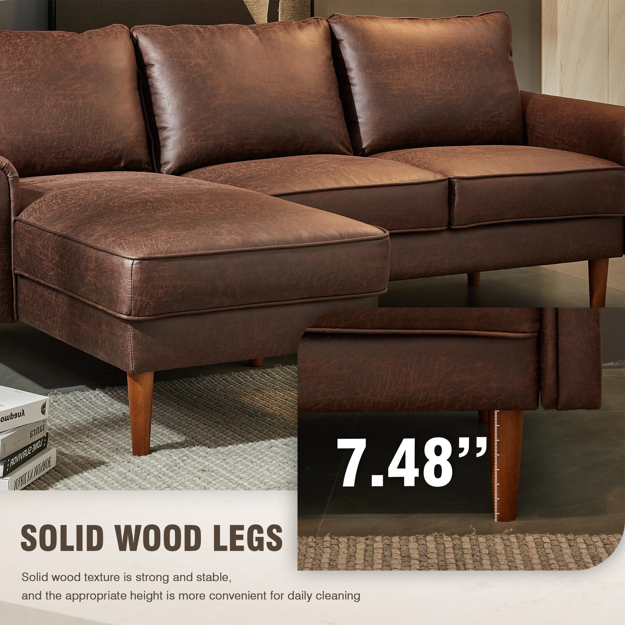 HOOOWOOO 81.51" L Shaped Couch Mid Century Modern Sectional Couch Brown Faux Leather Sofa with Left Chaise 3-Seater Rolled Arms Solid Wood Frame for Living Room Apartment,Chocolate Brown