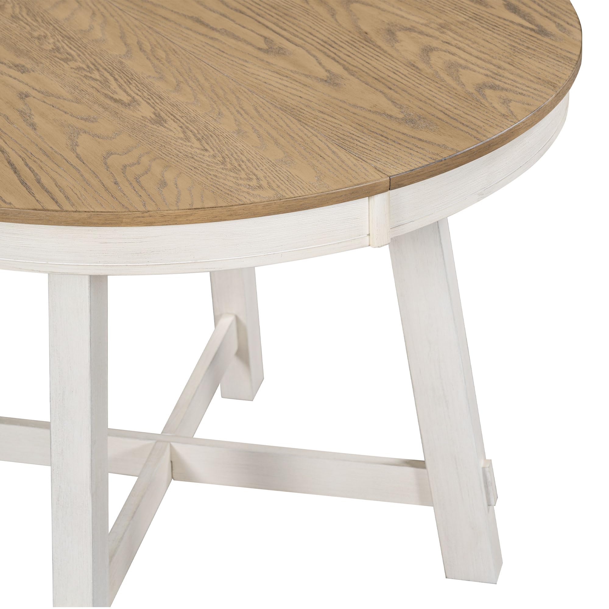LCH, Farmhouse Round Extendable Dining 16" Leaf Kitchen Table (Oak Natural Wood and Antique White)