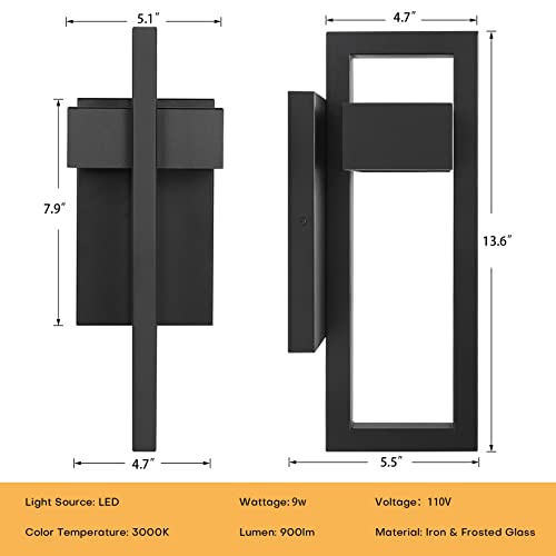 Krychiler 2 Set Modern Outdoor Wall Sconce, Indoor Integrated LED Wall Lamp Waterproof Porch Light Exterior LED Wall Mounted Light Black for Living Room Bedside Garden Garage Lighting
