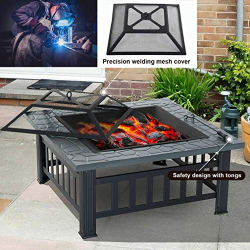 Outdoor Metal Square Fire Pit, 32" Metal firepit for Patio Wood Burning Fireplace Square Garden Stove with Charcoal Rack, Poker & Mesh Cover for Camping Picnic Bonfire Backyard