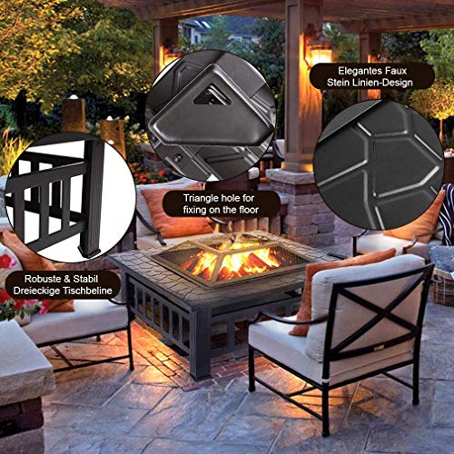 Outdoor Metal Square Fire Pit, 32" Metal firepit for Patio Wood Burning Fireplace Square Garden Stove with Charcoal Rack, Poker & Mesh Cover for Camping Picnic Bonfire Backyard