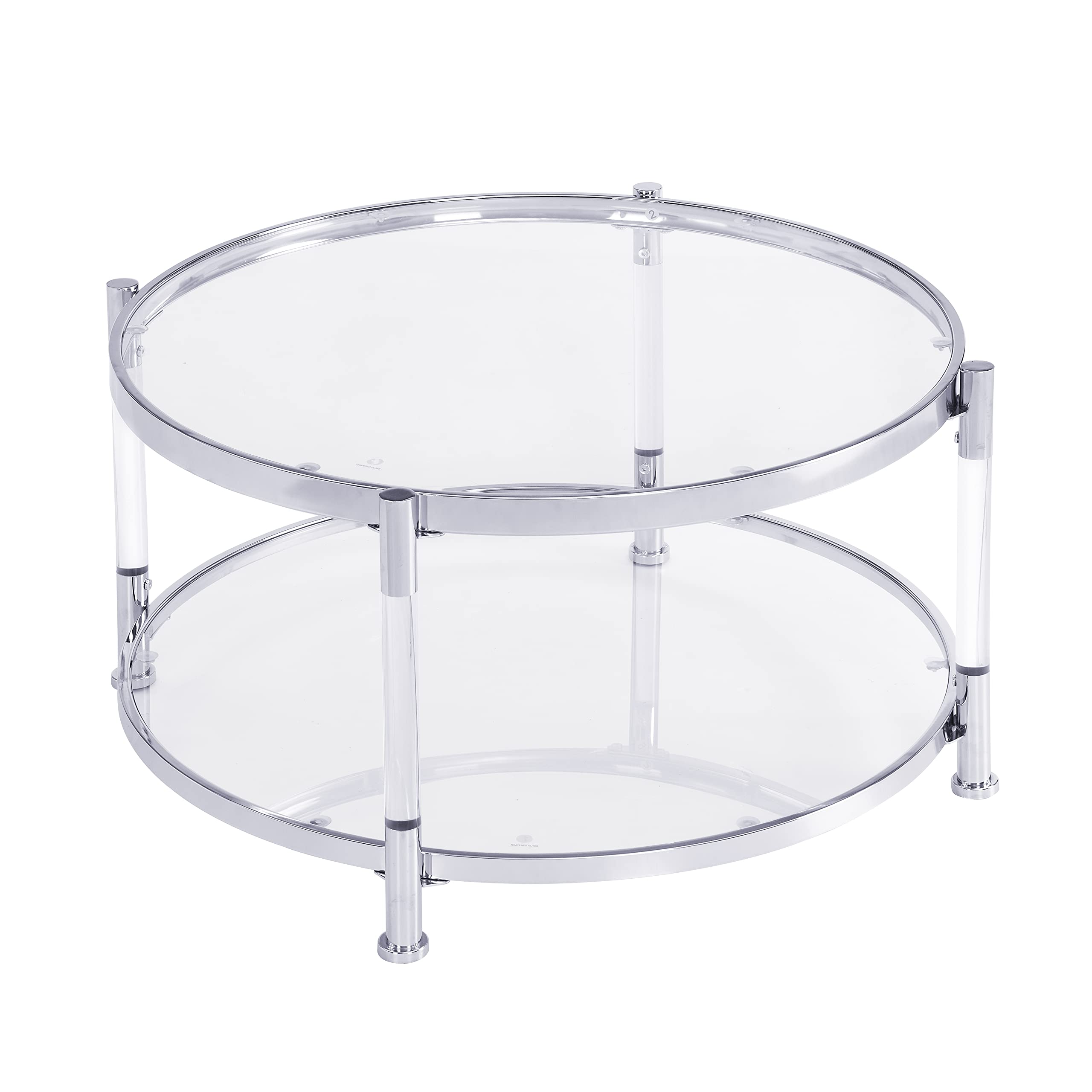 MISPACIO Tempered Glass Round Coffee Table, 32" Modern Acrylic Legs Circle Coffee Table with Clear Glass Top for Storage, Circular Center Table with Open Shelf for Living Room