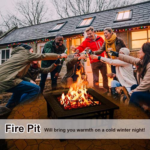 Outdoor Metal Square Fire Pit, 32" Metal firepit for Patio Wood Burning Fireplace Square Garden Stove with Charcoal Rack, Poker & Mesh Cover for Camping Picnic Bonfire Backyard