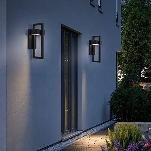 Krychiler 2 Set Modern Outdoor Wall Sconce, Indoor Integrated LED Wall Lamp Waterproof Porch Light Exterior LED Wall Mounted Light Black for Living Room Bedside Garden Garage Lighting