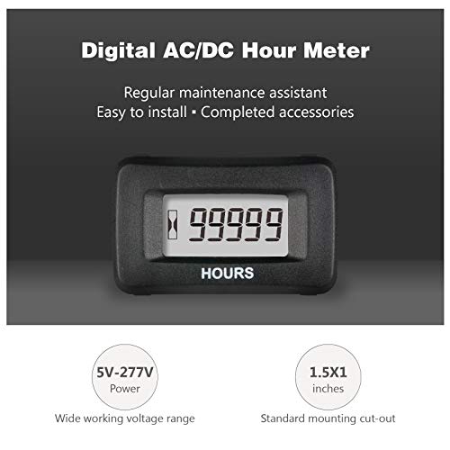 HonorMeet Digital LCD Maintenance Hour Meter for Lawn Mower, Volt.AC/DC 5V to 277V,Operating Hours Counter for Gas/Diesel Powered Garden Tractor Alternator Compressor ATV Boat Golf Cart Forklift (REC)
