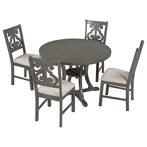 Lepfun 5 Piece Round Table Set 4 with Special-Shaped Legs and an Exquisitely Designed Hollow Chair Back in The Dining Room (Grey)
