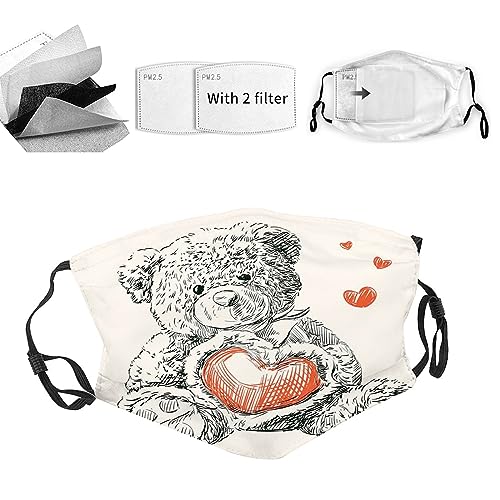 SARNFANS Cartoon Adult Reusable Face Mask,Bear Drawing Heart Belly,5-Ply Breathable Safety Unisex Adults Fashion Facial Face Masks for Women Men,Red Black White