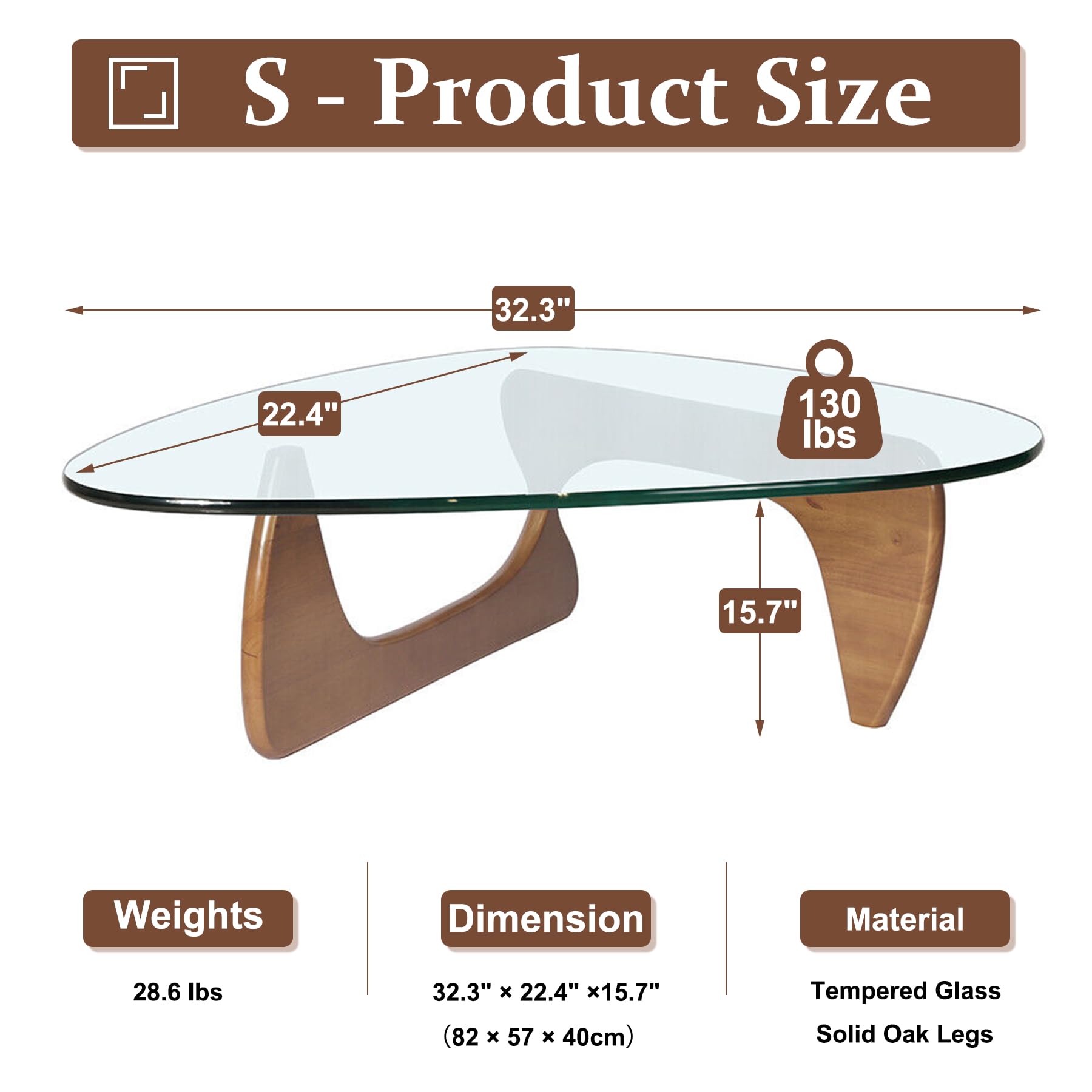 Mid-Century Modern Coffee Table - Triangle Glass Top Natural Wood Base Triangle Coffee Table for Living Room Patio Office Abstract End Tables (Walnut/Brown, Small 32.2 * 22.4 * 16in)