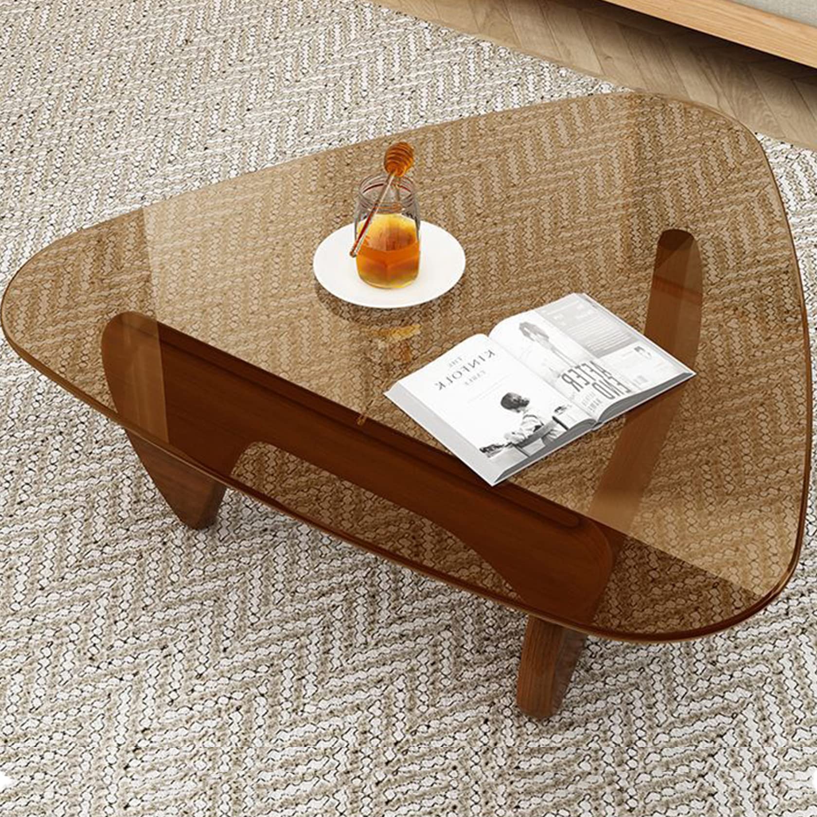 Mid-Century Modern Coffee Table - Triangle Glass Top Natural Wood Base Triangle Coffee Table for Living Room Patio Office Abstract End Tables (Walnut/Brown, Small 32.2 * 22.4 * 16in)