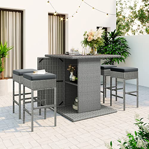 LCH Counter Height Bistro, Outdoor 5-Piece PE Rattan Dining, Weather Square Kitchen Table with Storage Shelf and 4 Padded Stools, Grey, Patio Wicker Bar Set 1
