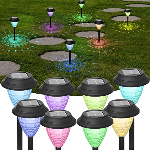 8 Pack Solar Path Lights, Solar Lights Outdoor Waterproof RGB Color Changing & Warm White Garden Pathway Lights, Landscape Lights Solar Powered for Yard Patio Walkway Driveway