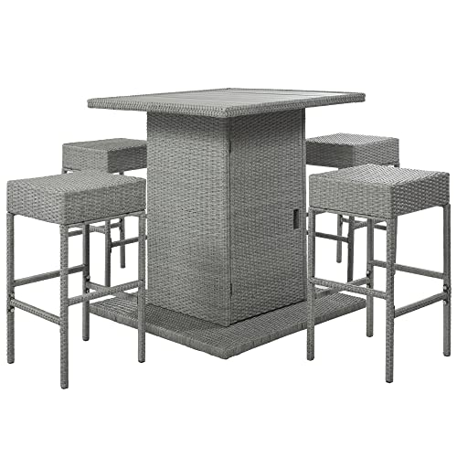 LCH Counter Height Bistro, Outdoor 5-Piece PE Rattan Dining, Weather Square Kitchen Table with Storage Shelf and 4 Padded Stools, Grey, Patio Wicker Bar Set 1