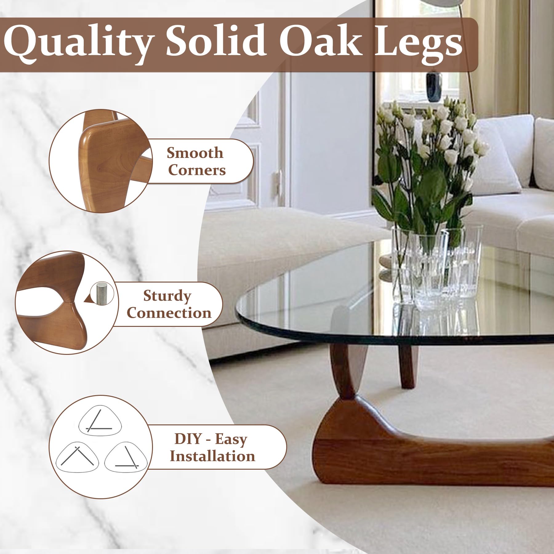 Mid-Century Modern Coffee Table - Triangle Glass Top Natural Wood Base Triangle Coffee Table for Living Room Patio Office Abstract End Tables (Walnut/Brown, Small 32.2 * 22.4 * 16in)
