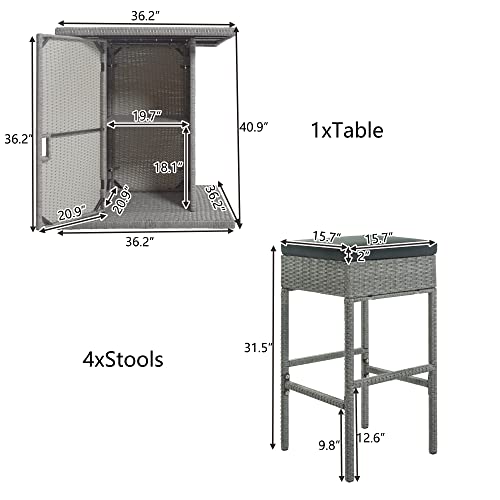 LCH Counter Height Bistro, Outdoor 5-Piece PE Rattan Dining, Weather Square Kitchen Table with Storage Shelf and 4 Padded Stools, Grey, Patio Wicker Bar Set 1