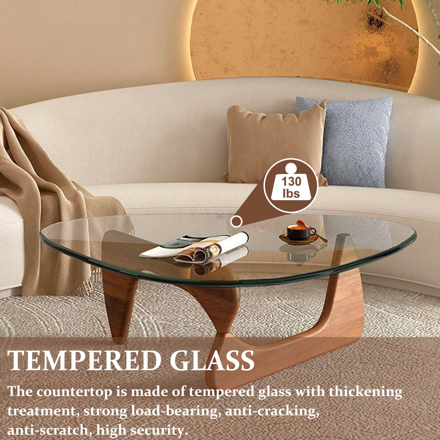 Mid-Century Modern Coffee Table - Triangle Glass Top Natural Wood Base Triangle Coffee Table for Living Room Patio Office Abstract End Tables (Walnut/Brown, Small 32.2 * 22.4 * 16in)