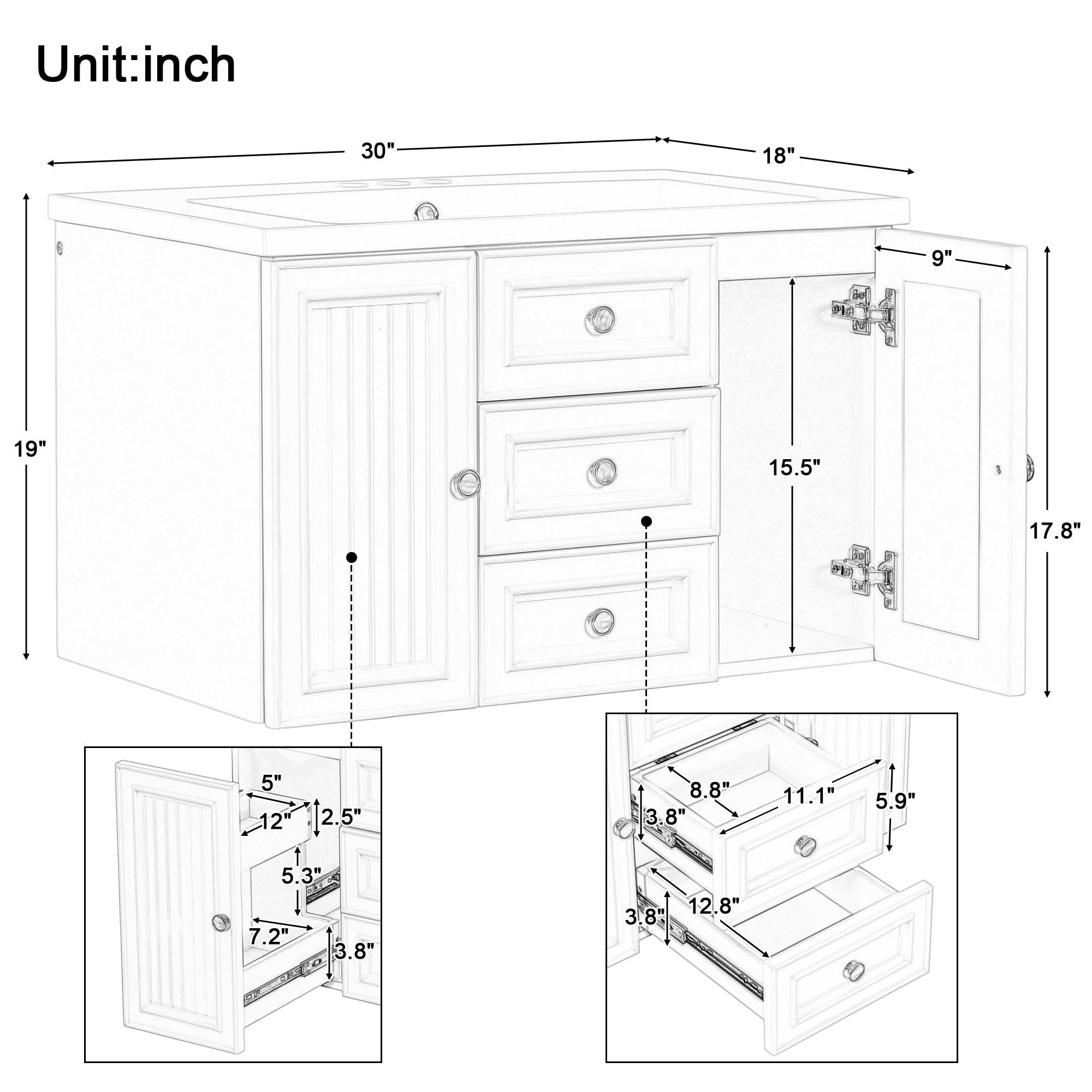 Bellemave Wall Mounted Bathroom Vanity with Ceramic Sink Combo, Modern 30" Bathroom Vanity Set with Drawers & Storage Cabinet Wood Hanging Bath Cabinet(Green)