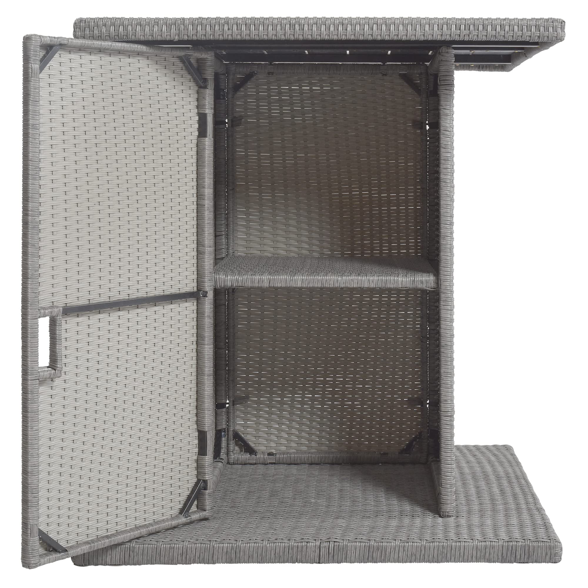 Lepfun Patio Bar Counter Height Bistro, Outdoor 5-Piece PE Rattan Dining Set, All-Weather Wicker Square Kitchen Table with Storage Shelf and 4 Padded Stools, Grey