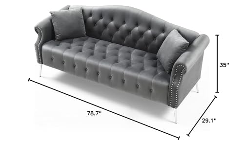 LIADTOP, 78.7" Classic Chesterfield Velvet Sofa Contemporary Upholstered Couch with Button Tufted and Rolled Arms, 2 Pillows Included, 3 Seater,Grey