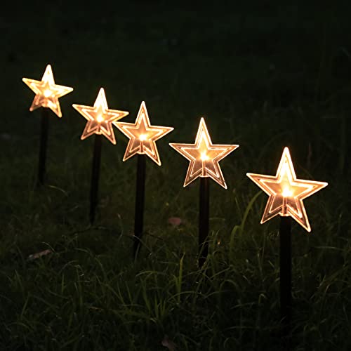 Rehenbsem Solar Christmas Lights Outdoor,5PCS Energy Saving Waterproof Solar Powered Stake Lights,2-Lighting Modes Christmas Decorations Garden Stake for Pathway, Lawn, Yard Decor (Star)