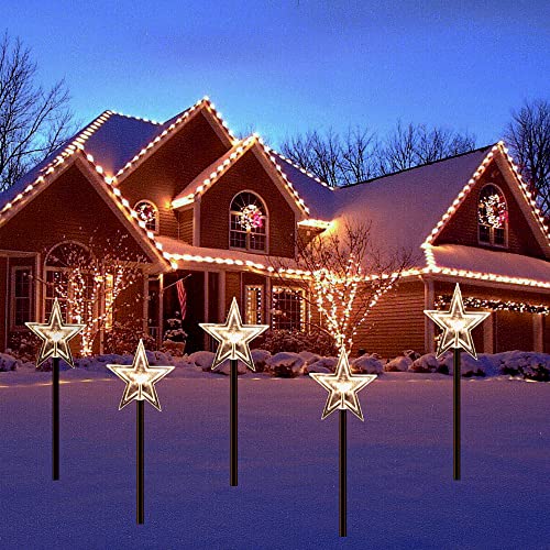 Rehenbsem Solar Christmas Lights Outdoor,5PCS Energy Saving Waterproof Solar Powered Stake Lights,2-Lighting Modes Christmas Decorations Garden Stake for Pathway, Lawn, Yard Decor (Star)