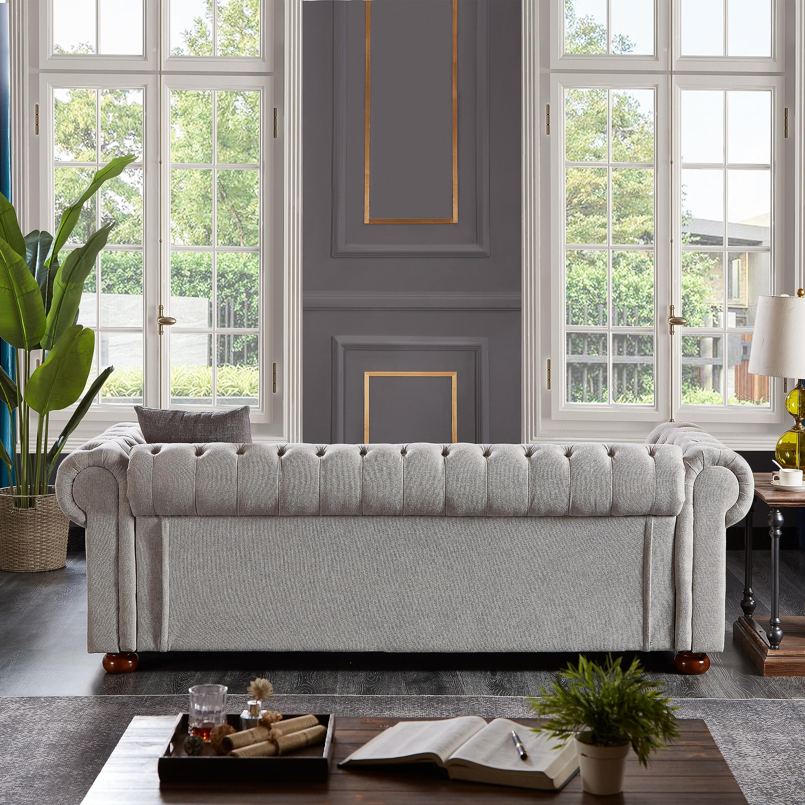 LIADTOP, 3-Seat Chesterfield Sofa with Button Tufted, Nailhead Trim and Solid Wood Legs, Classical Linen Fabric Couch for Living Room, Office, Light Grey
