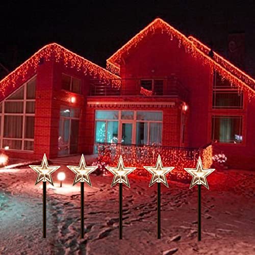 Rehenbsem Solar Christmas Lights Outdoor,5PCS Energy Saving Waterproof Solar Powered Stake Lights,2-Lighting Modes Christmas Decorations Garden Stake for Pathway, Lawn, Yard Decor (Star)