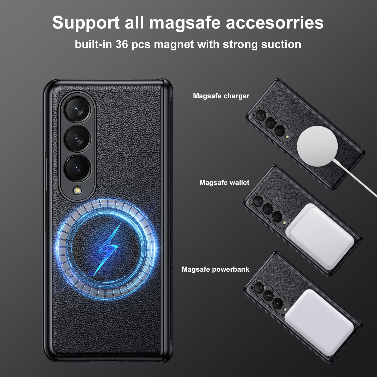 Libeagle Compatible with Samsung Galaxy Z Fold 3 Case, Support All Magsafe Accessories, Leather on Back, Hinge Protection, Built-in Screen Protector, Magnetic Cover 5G 2021, Black