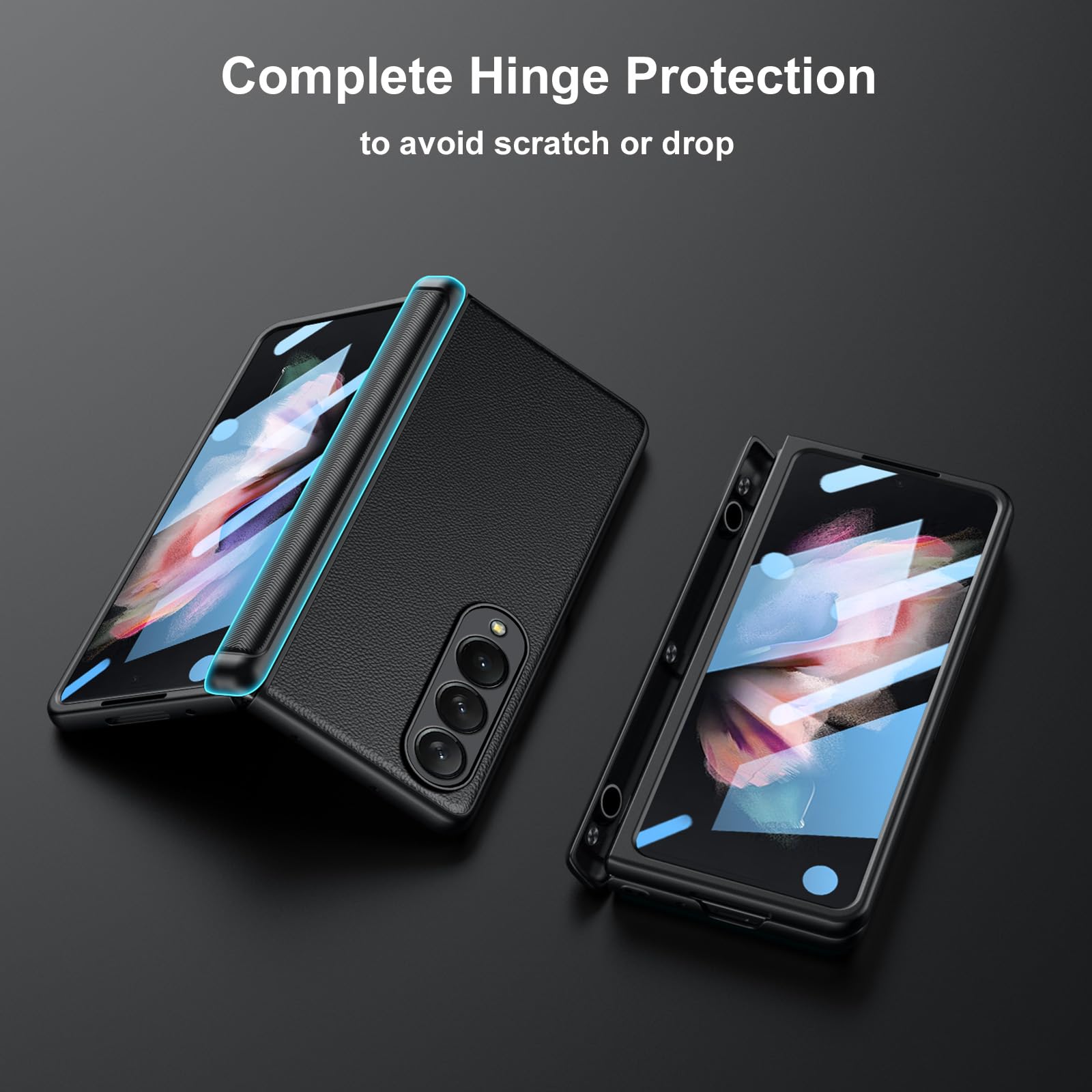 Libeagle Compatible with Samsung Galaxy Z Fold 3 Case, Support All Magsafe Accessories, Leather on Back, Hinge Protection, Built-in Screen Protector, Magnetic Cover 5G 2021, Black