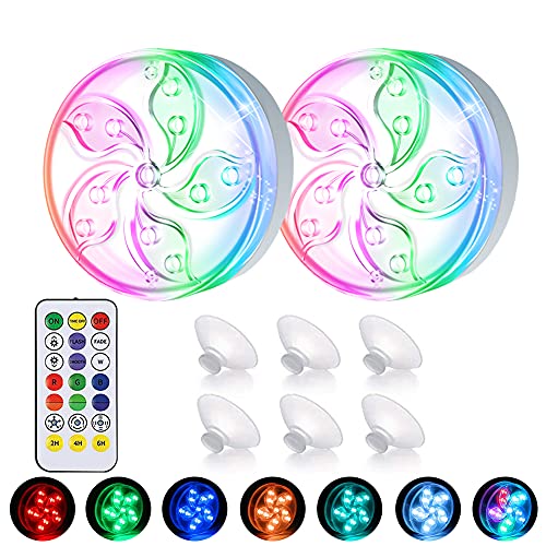 Pool Lights 2 Pack, Submersible LED Lights - Full Waterproof Underwater Pond Lights with Remote, Color Changing, Magnetic Bathtub Lights with Suction Cup Hot Tub Light for Pond Fountain Garden Party
