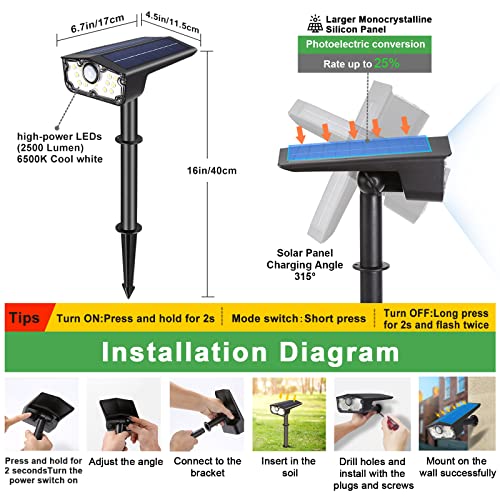Bright Solar Spot Lights Outdoor Motion Sensor,3 Modes Solar Motion Sensor Outdoor Lights,Waterproof Solar Lights Outdoor,LED Garden Landscape Spotlights for Yard Pathway Driveway Walkway Wall(2Pack)
