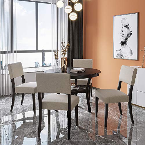 POCIYIHOME 5-Piece Round Bottom Storage Shelf and 4 Upholstered Chairsl for 4, East-West Furniture Dining Table Set for Kitchen,Resturant, Espresso & Beige Cushion