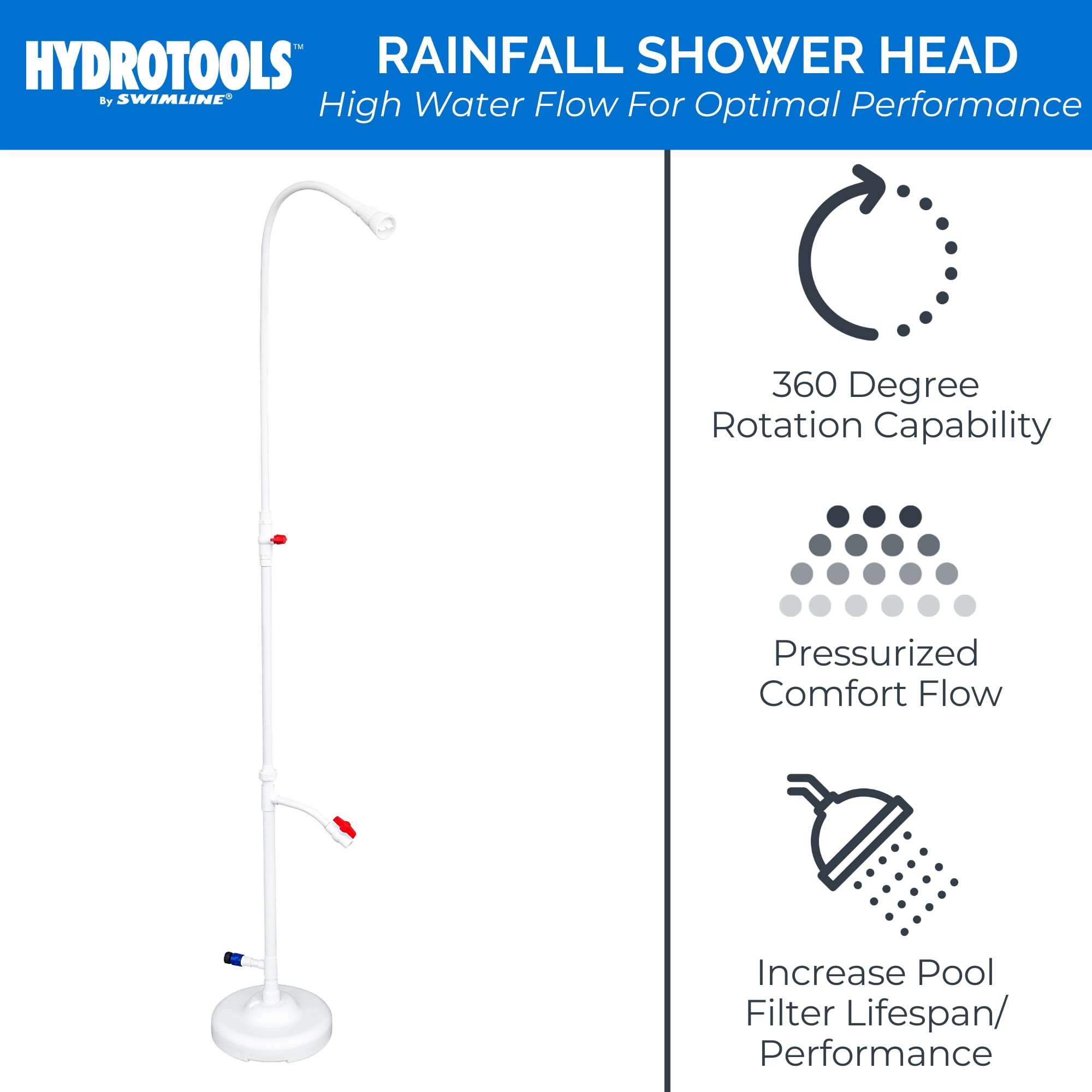 HYDROTOOLS By SWIMLINE Tube Style 7 Foot Poolside Shower, Adjustable Head & Foot Tap Spigot With Valve Controls, Standard Garden Hose, Environmentally Friendly, Outdoor Backyard Poolside Beach Spa