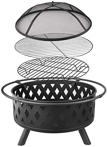 LEAYAN Garden Fire Pit Portable Grill Barbecue Rack 2-in-1 Outdoor Fire Pits Outdoor Fire Tables, 29.5in Heavy Duty Steel BBQ Grill Fire Pit Bowl with Cover BBQ Cooking for Camping B