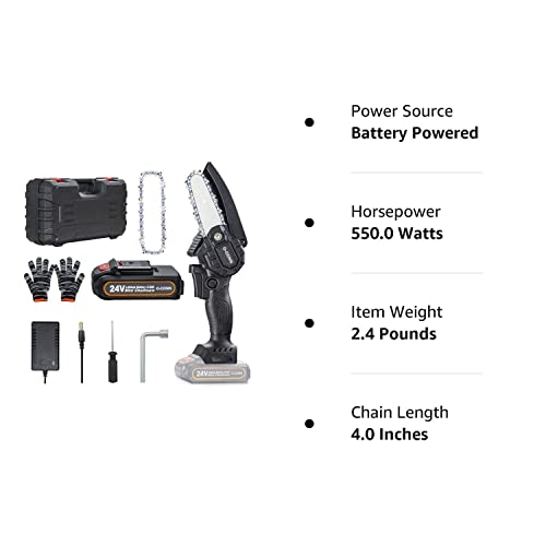Mini Chainsaw, O-CONN 4 Inch 24V Battery Powered Cordless Chainsaw w/ 2.0Ah Battery and Charger, Handheld Portable Electric Small Chain Saw, for Tree Trimming Branch Wood Cutting (1 Battery 1 Chain)