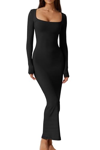 QINSEN Long Dresses for Women Sexy Square Neck Long Sleeve Bodycon Maxi Dress Black XS