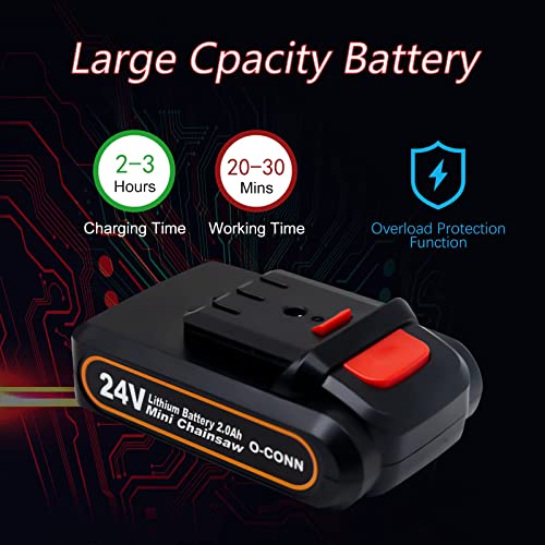 Mini Chainsaw, O-CONN 4 Inch 24V Battery Powered Cordless Chainsaw w/ 2.0Ah Battery and Charger, Handheld Portable Electric Small Chain Saw, for Tree Trimming Branch Wood Cutting (1 Battery 1 Chain)
