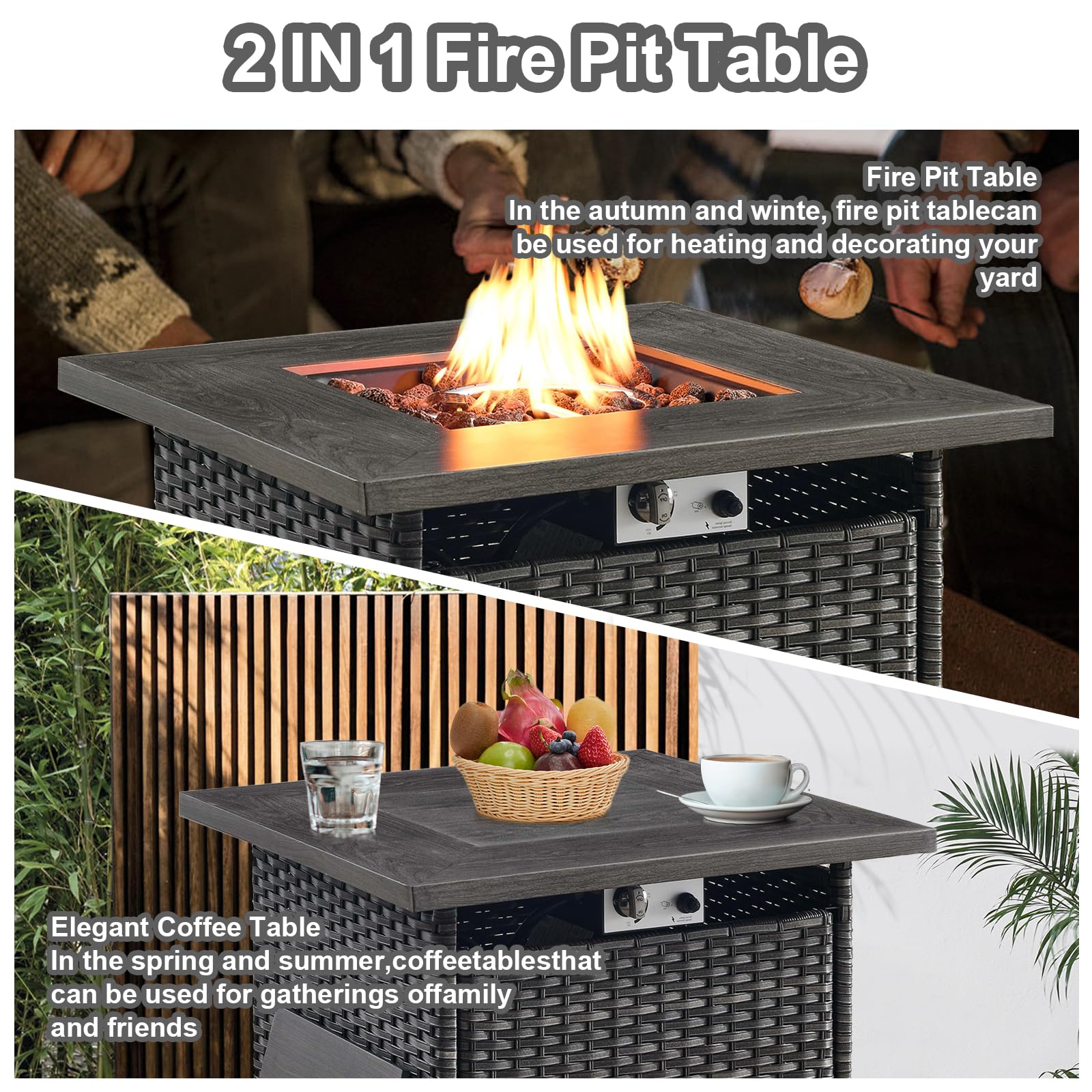 HUMMUH Patio Furniture with Fire Pit,PE Wicker Outdoor Couch and Love Seats,Patio Swivel Chairs and Ottomans,7 Piece Conversation Sets with 30in 55,000 BTU Propane Gas Fire Pit Table