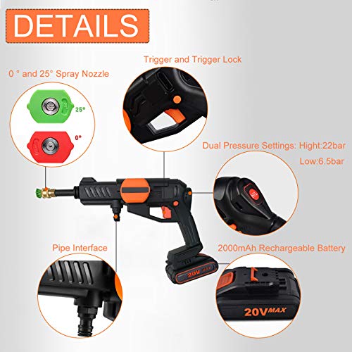 Battery Powered Pressure Washer Cordless Portable Power Cleaners Car Washer 320PSI 94PSI Garden Watering with 2000mAh Battery Hose Nozzles and Accesseries