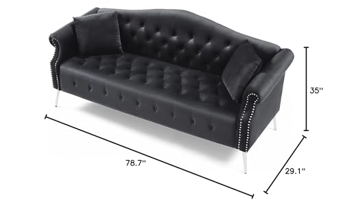 LIADTOP, 78.7" Classic Chesterfield Velvet Sofa Contemporary Upholstered Couch with Button Tufted and Rolled Arms, 2 Pillows Included, 3 Seater, Black