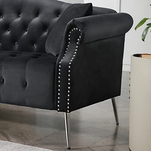 LIADTOP, 78.7" Classic Chesterfield Velvet Sofa Contemporary Upholstered Couch with Button Tufted and Rolled Arms, 2 Pillows Included, 3 Seater, Black