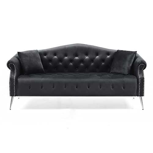 LIADTOP, 78.7" Classic Chesterfield Velvet Sofa Contemporary Upholstered Couch with Button Tufted and Rolled Arms, 2 Pillows Included, 3 Seater, Black