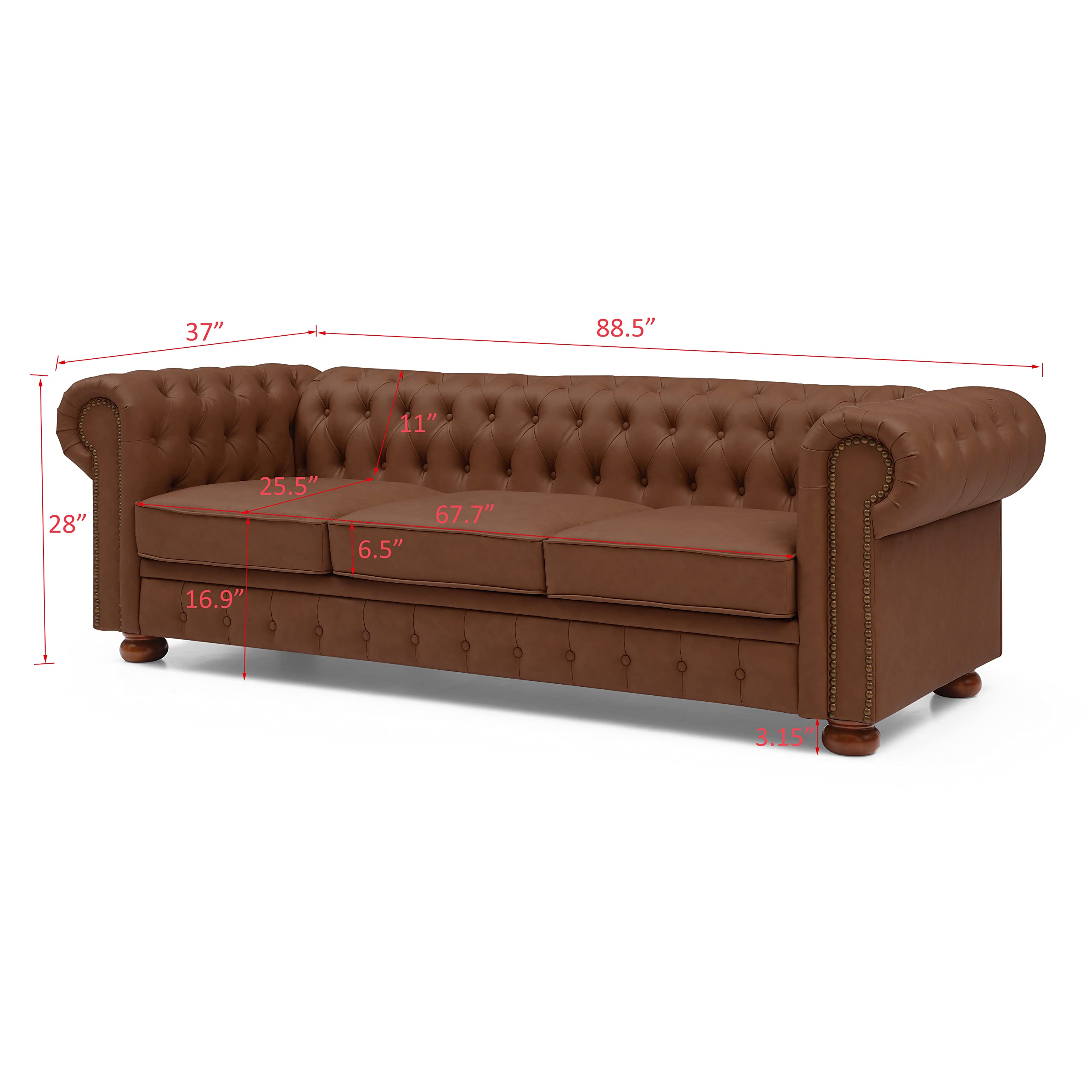 LIADTOP Classic Chesterfield, Modern 3 Seater Sofa, Living Room, Upholstered Tufted Back Settee Couch with Rolled Arms Nailhead Trim,Brown Faux Leather