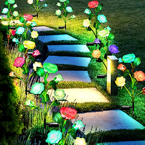 BBTO 12 Pack 7 Color Changing Solar Rose Flower Lights Outdoor Solar Flowers Lights Outdoor Garden Waterproof Realistic Rose Yard Lights for Outside Yard Flowerbed Pathway Christmas Gift